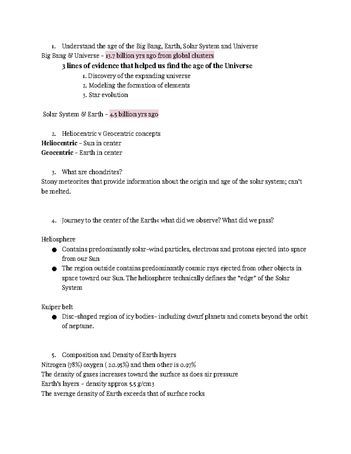 Earth science exam 1 notes - Understand the age of the Big Bang, Earth ...