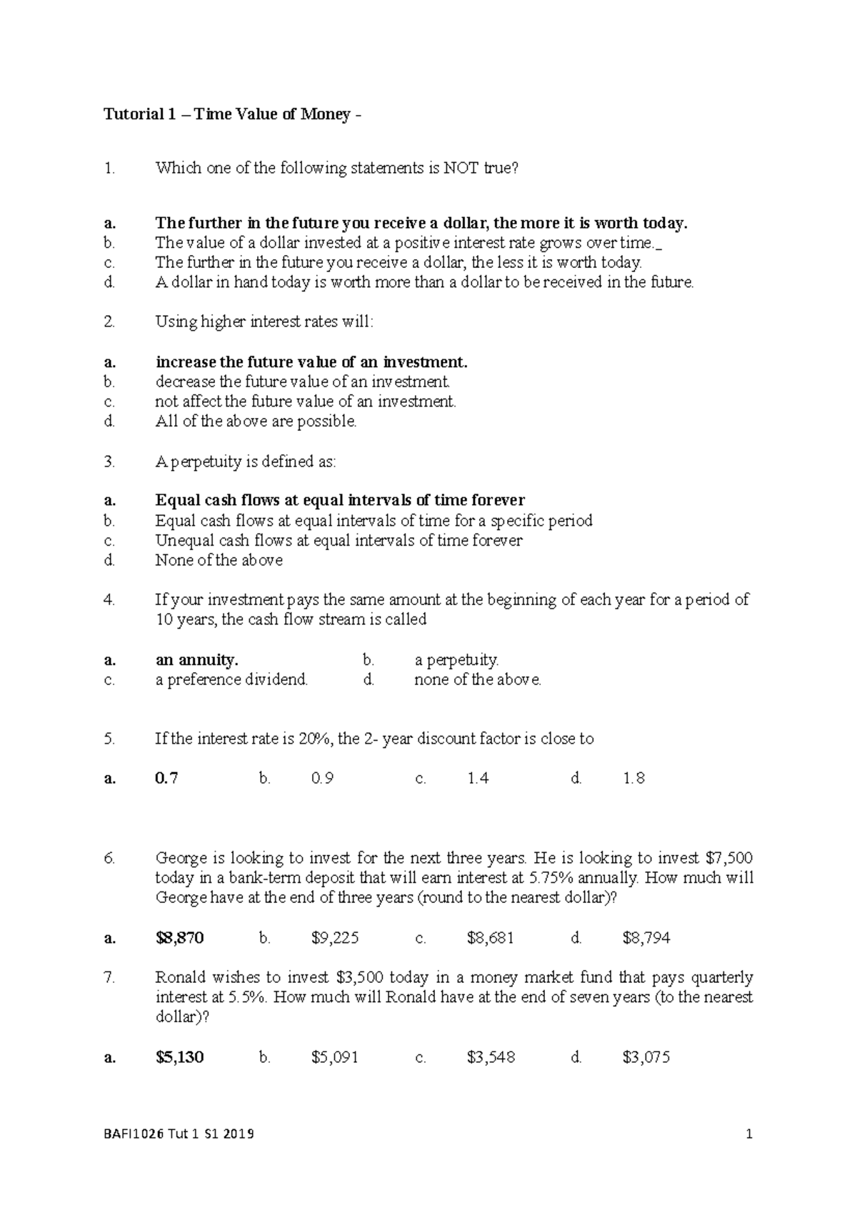 BAFI1026 Tutorial 1 Solution-2 - Tutorial 1 – Time Value of Money - Which one of the following ...