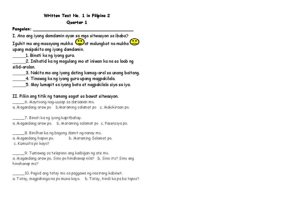 Written test #1 -FIlipino-Grade 2 - Written Test No. 1 in Filipino 2 ...