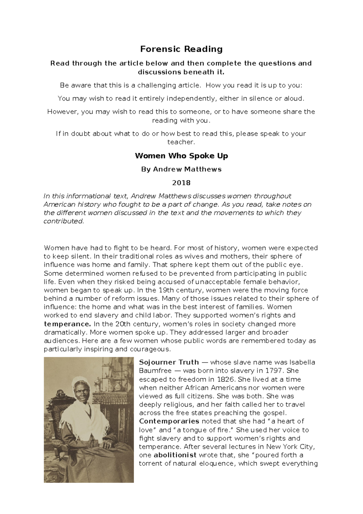 March Independent Tasks Forensic Reading Women Who Spoke Up - Forensic ...