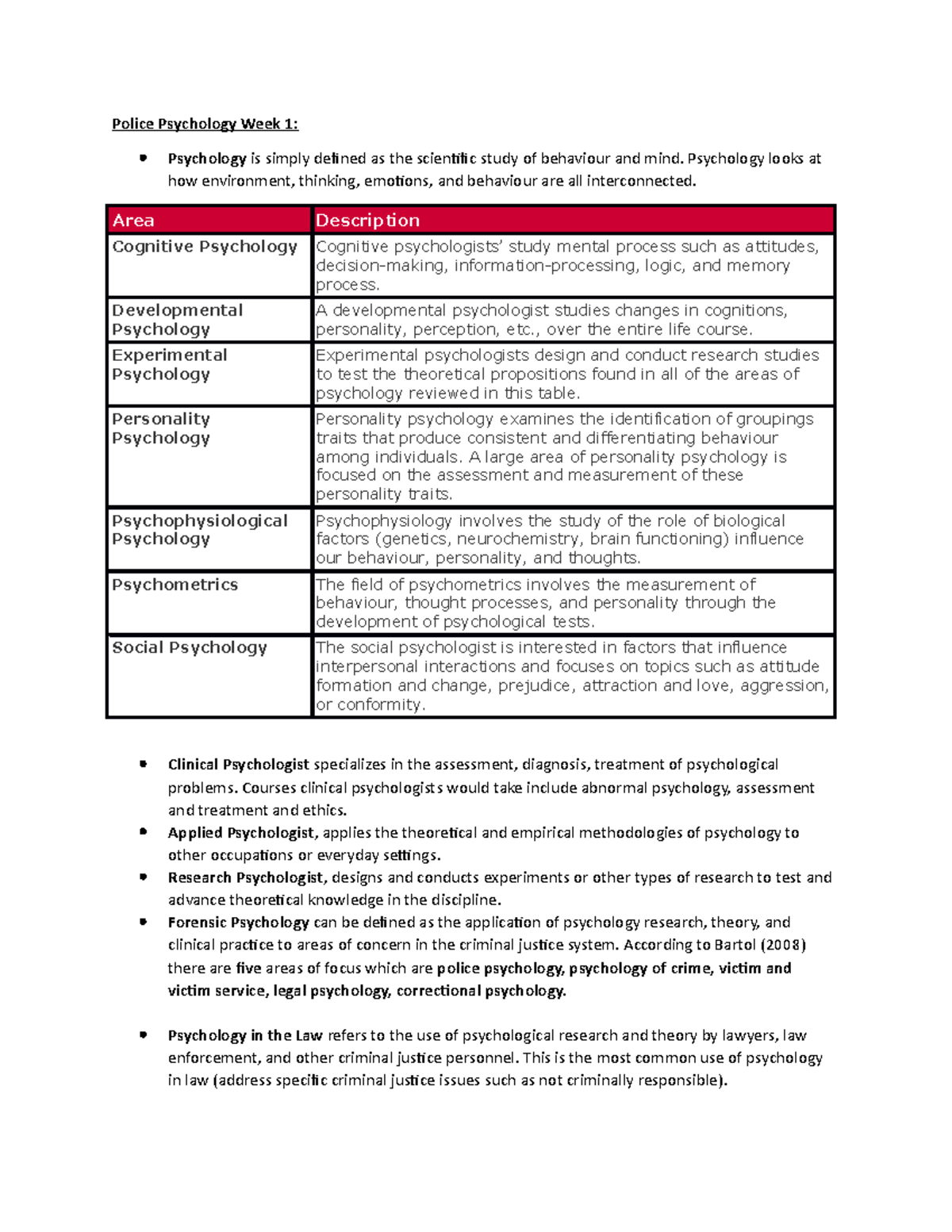 Police Psych Week 1 Notes - Police Psychology Week 1: Psychology is ...