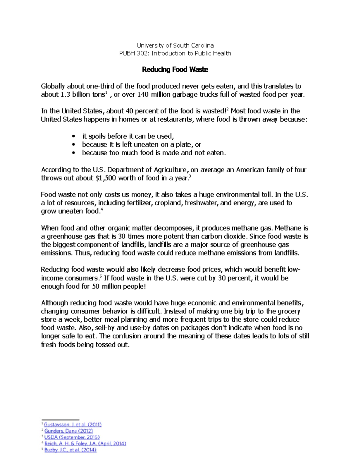 Reducing Food Waste updated - University of South Carolina PUBH 302 ...