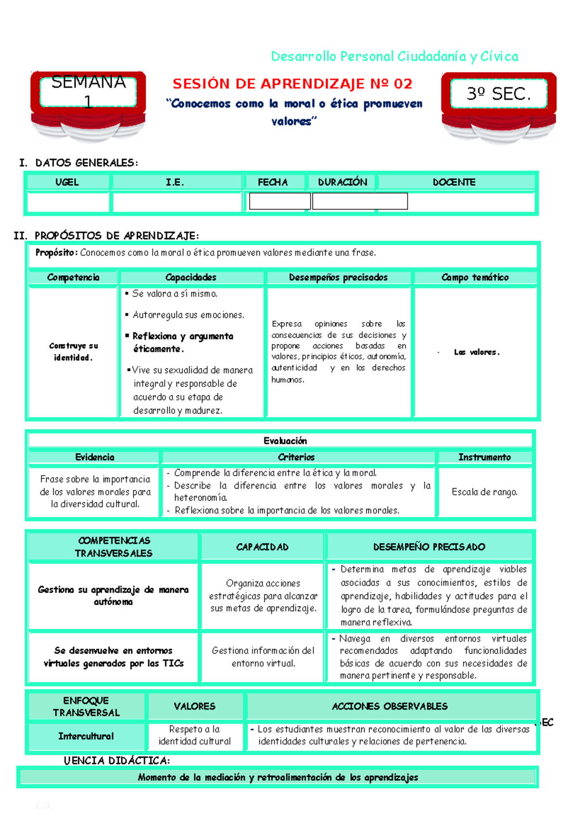 3° Sesión DE Aprendizaje Sesión 2-SEM - I. DATOS GENERALES: ####### UGEL I. FECHA DURACIÓN ...