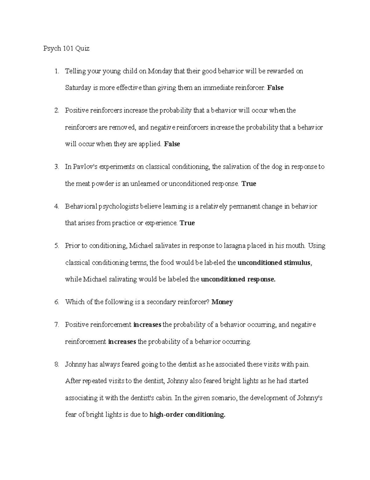 Psych 101 Quiz - Psych 101 Quiz Telling your young child on Monday that ...