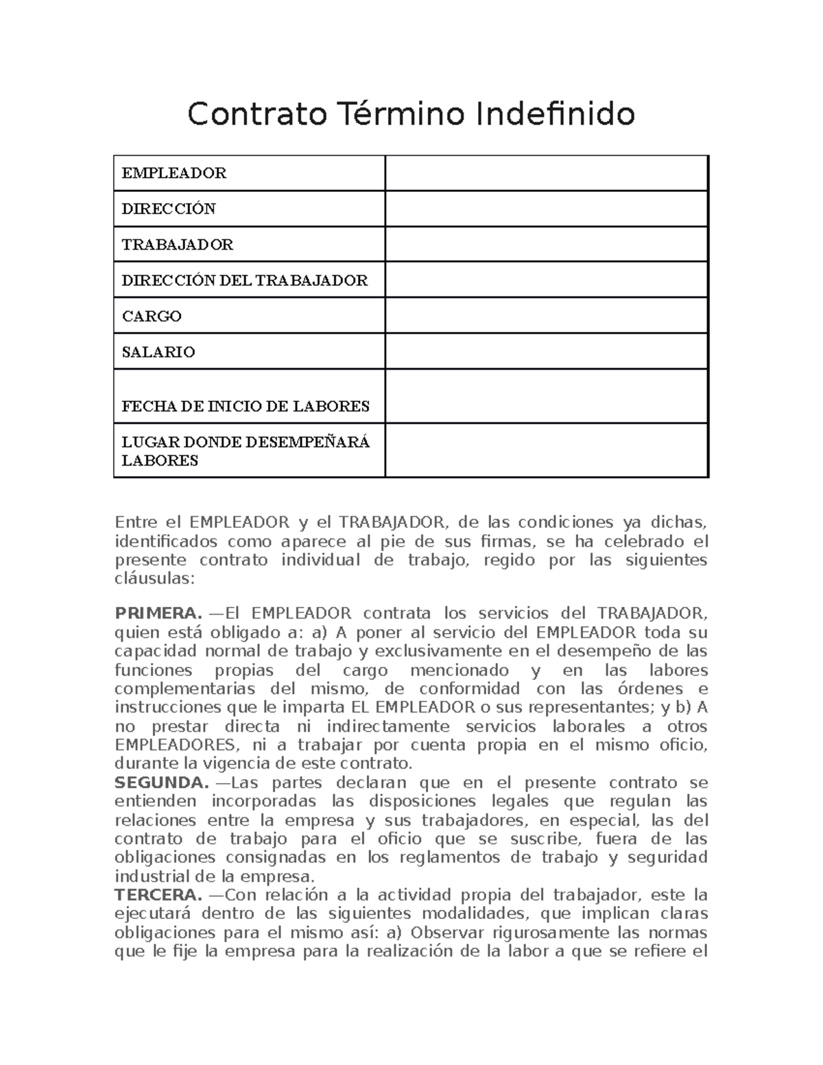 Contrato Término Indefinido - Contrato Término Indefinido EMPLEADOR ...