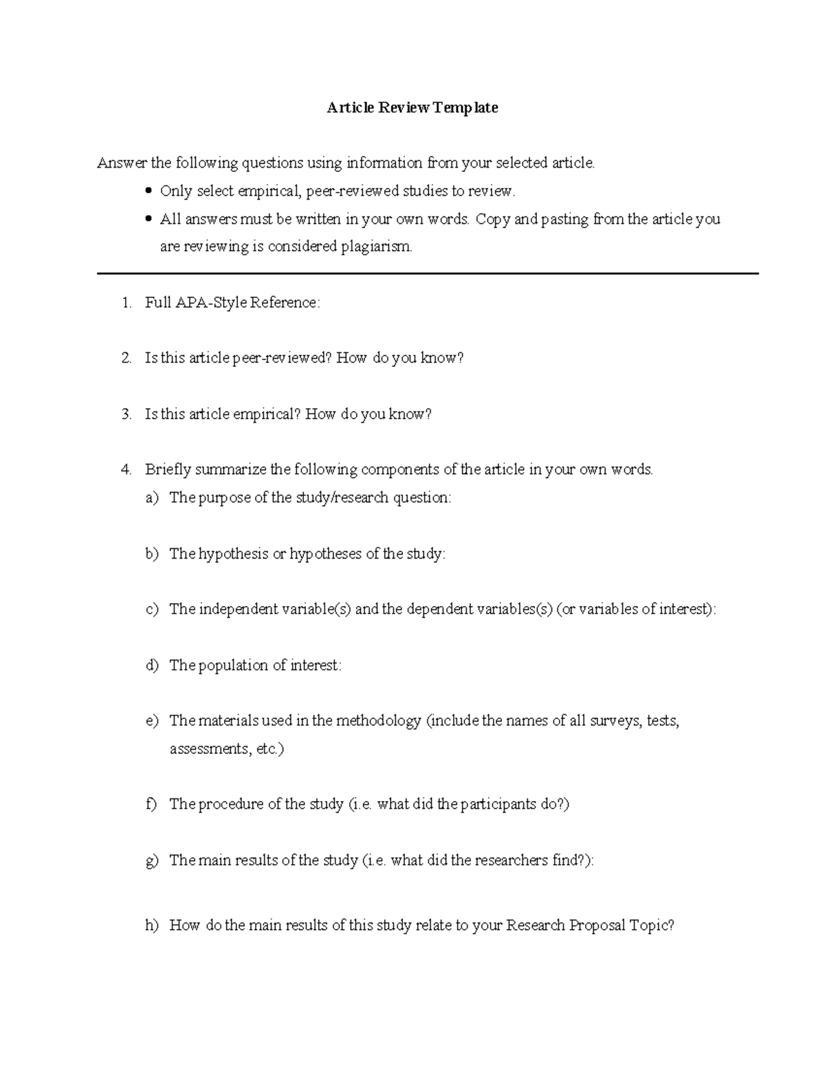 Article Review Template - Article Review Template Answer the following ...