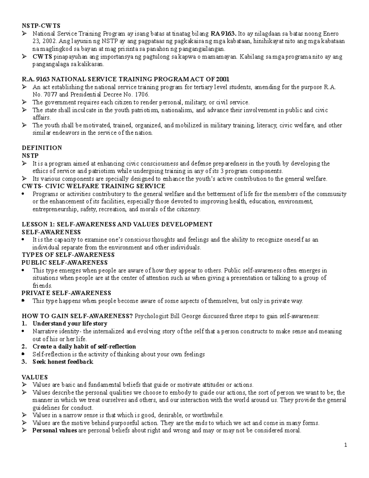 NSTP-CWTS Lecture Notes - NSTP-CWTS National Service Training Program ...