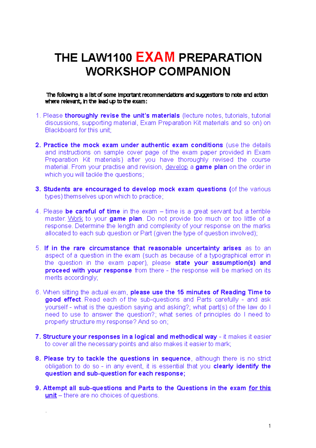 Exam 2014, questions and answers - THE LAW1100 EXAM PREPARATION WORKSHOP COMPANION The following ...