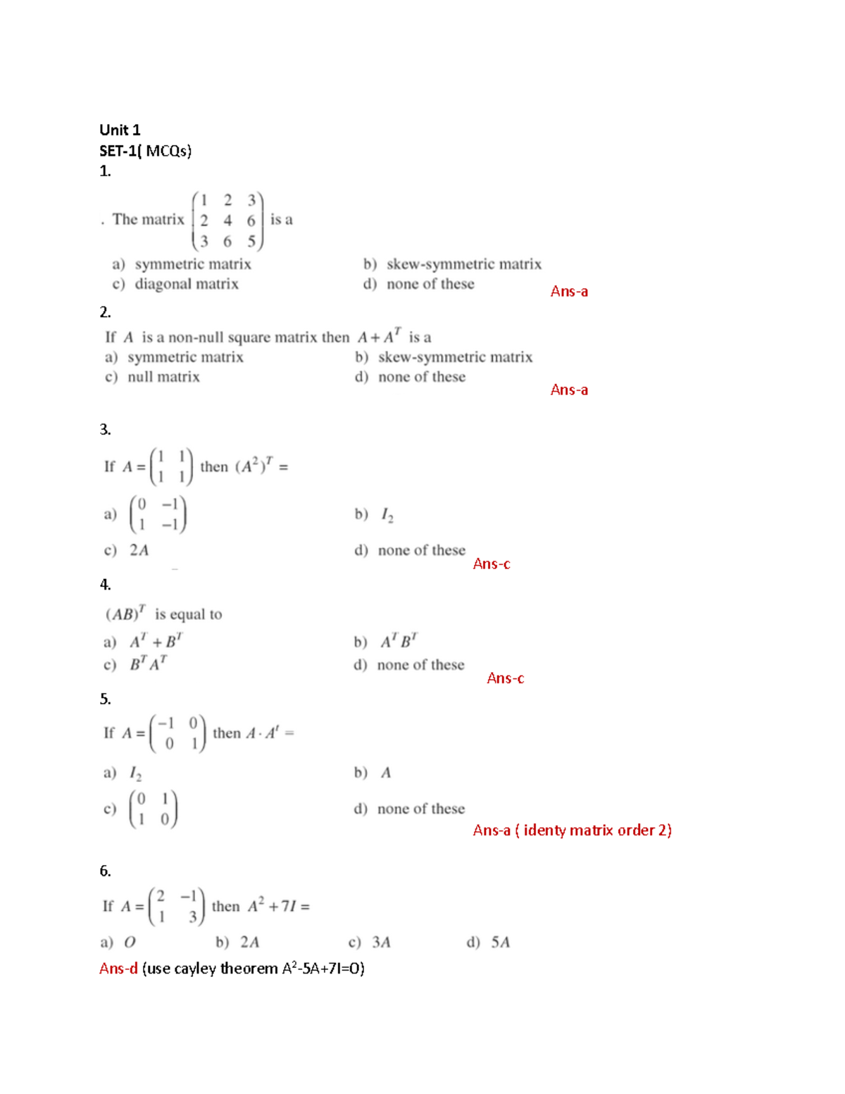 MTH165 mcq u1 2 with solution - Unit 1 SET-1( MCQs) 1. Ans-a 2. Ans-a 3 ...