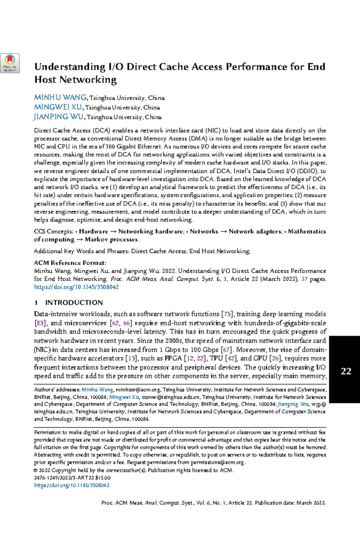 DCA - none - 22 Understanding I/O Direct Cache Access Performance for End Host Networking MINHU ...