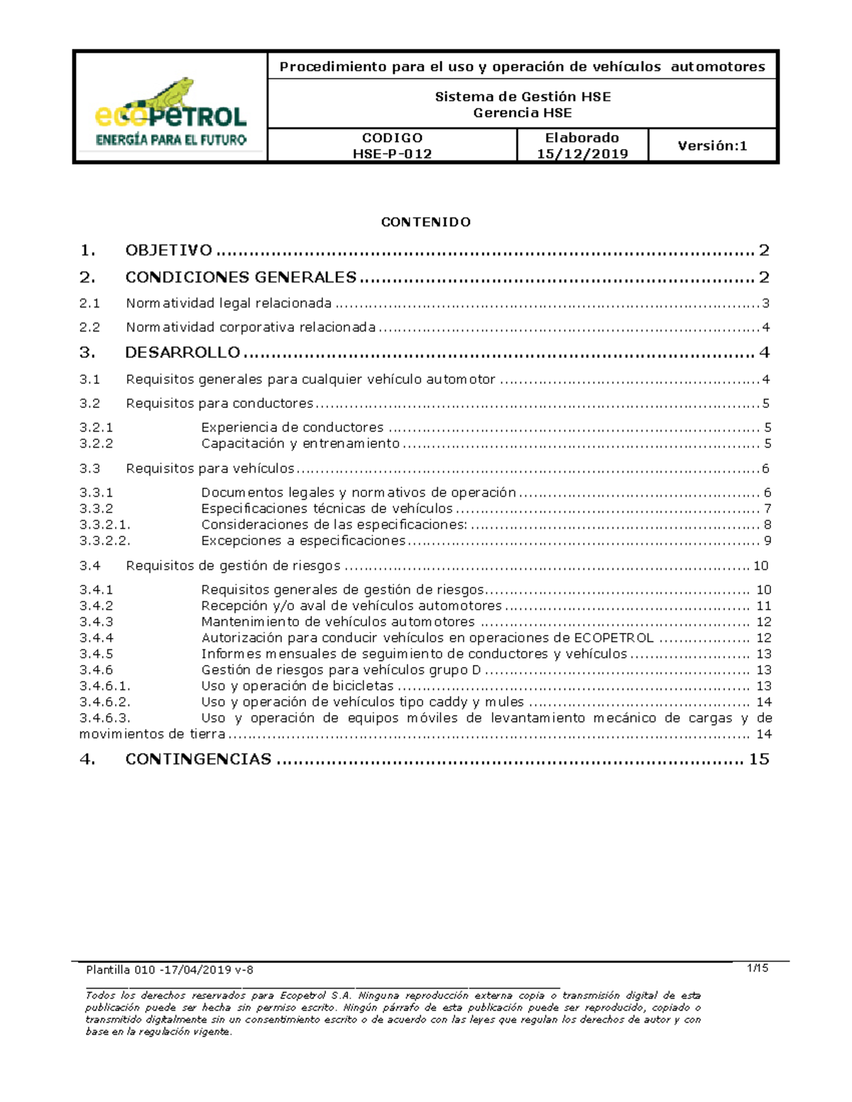 HSE-P-012 Procedimiento para el uso y operación de vehículos automotores - Sistema de GestiÛn ...