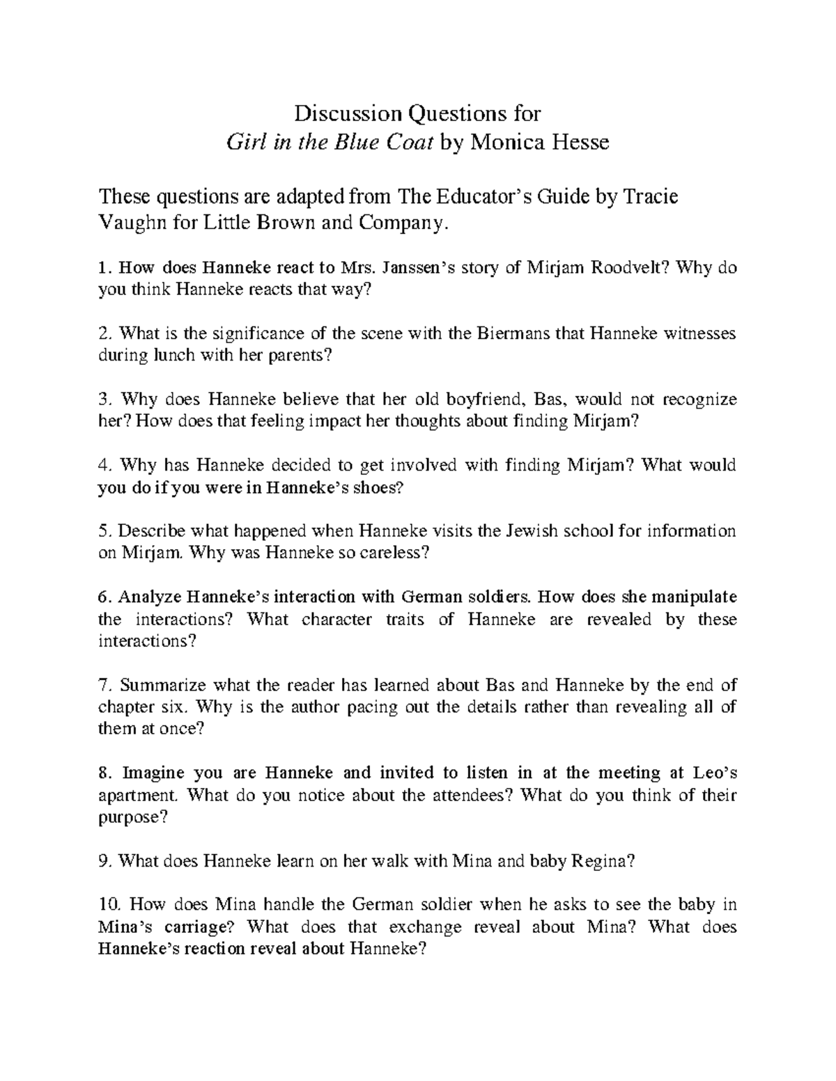 Girl in the Blue Coat Discussion Guide - Discussion Questions for Girl ...