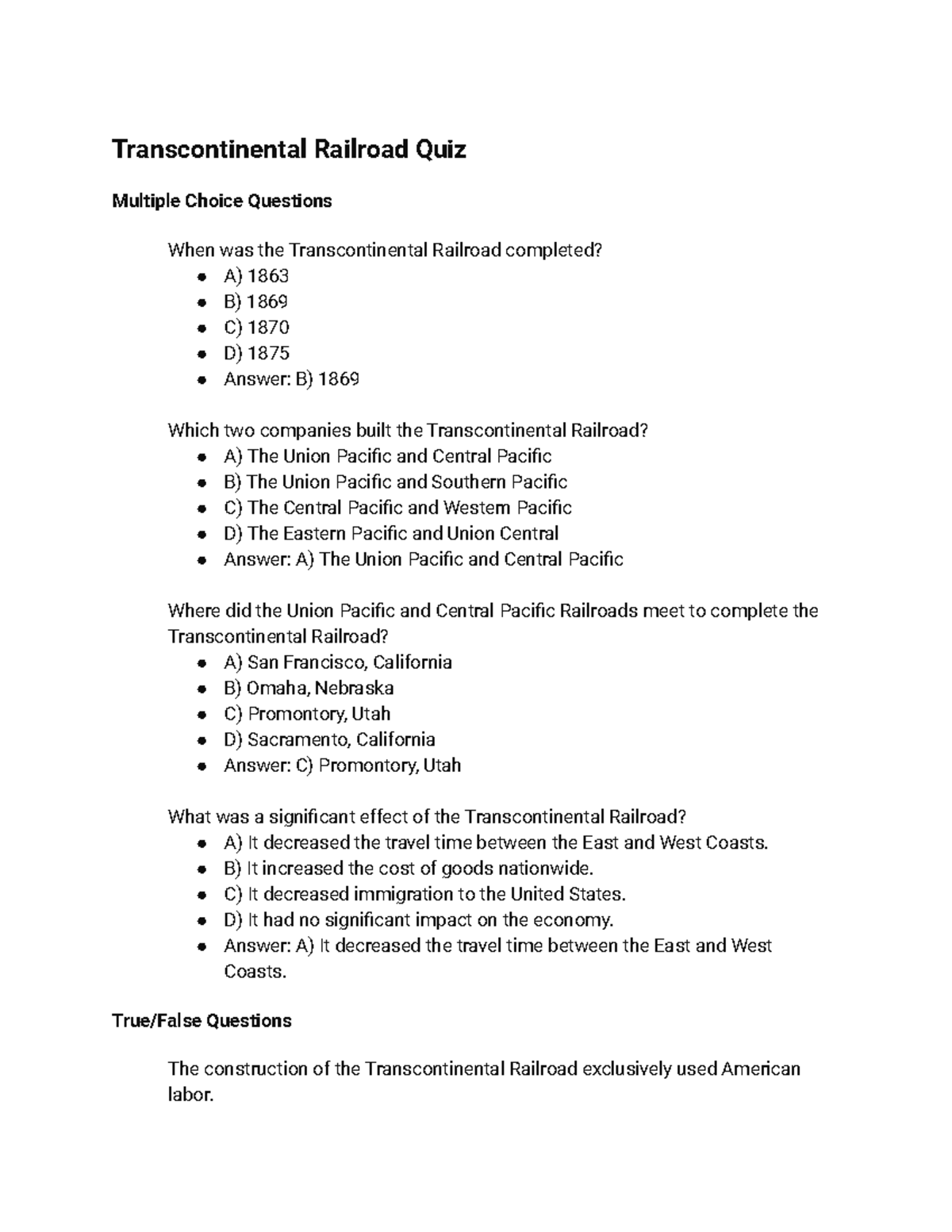 Quiz on Transcontinental Railroad - Transcontinental Railroad Quiz ...