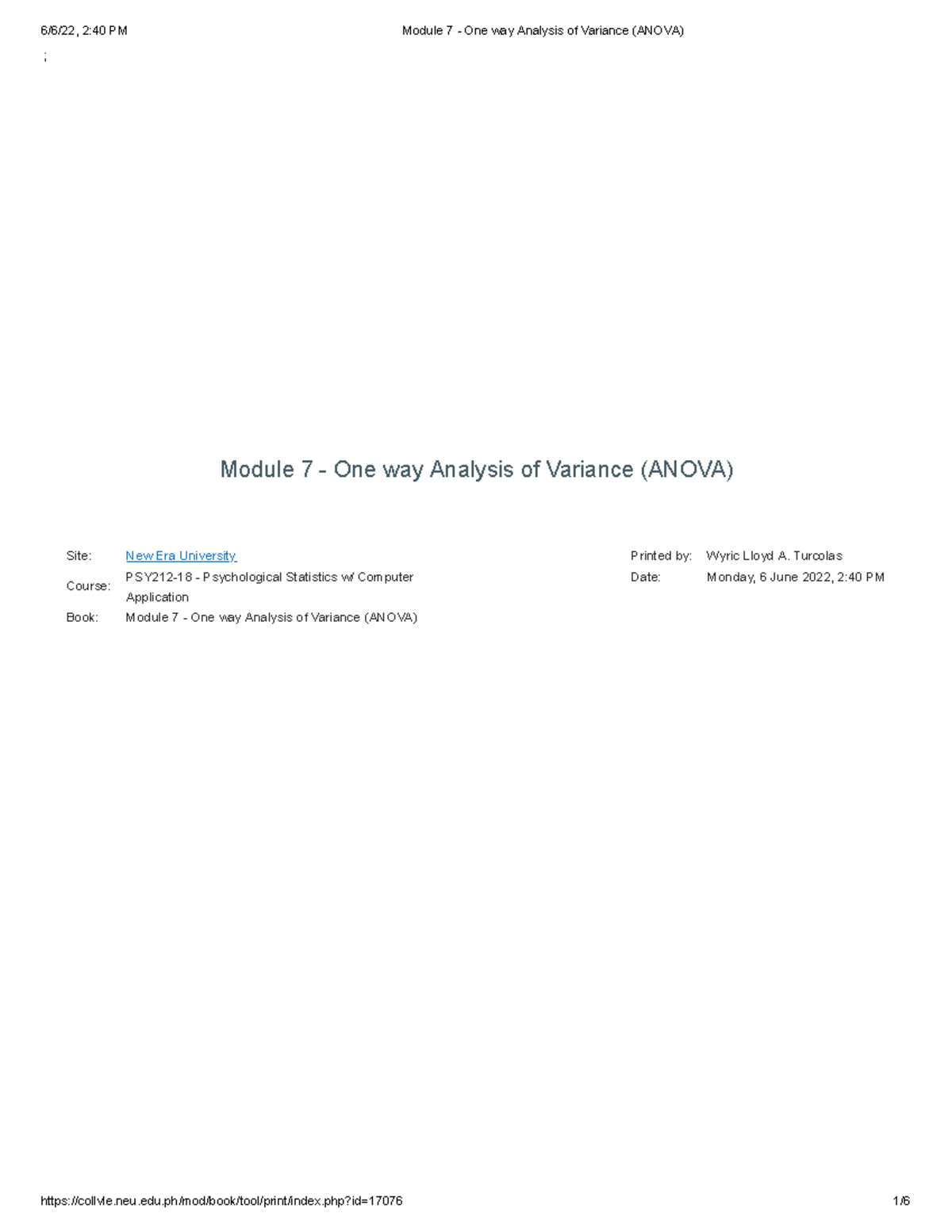 Module 7 - One way Analysis of Variance ( Anova) - ; Module 7 - One way ...