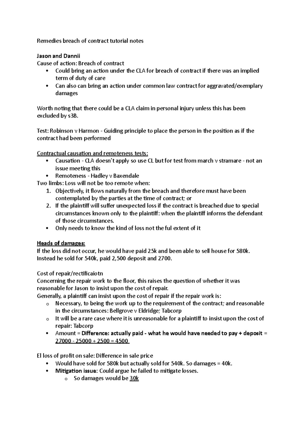 Remedies breach of contract tutorial notes - Test: Robinson v Harmon ...
