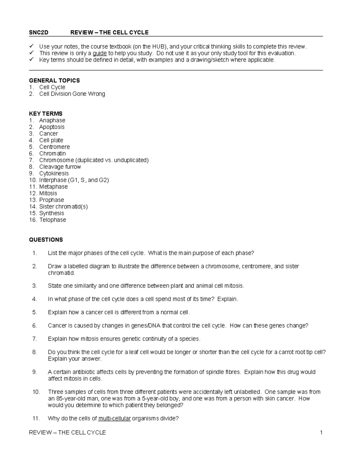 Review - THE CELL Cycle - SNC2D REVIEW – THE CELL CYCLE Use your notes ...