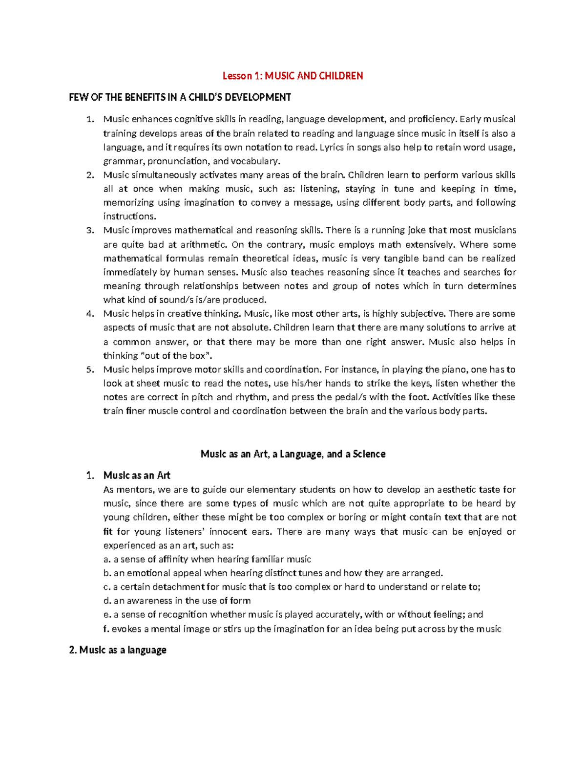 Music( Reviewer) - Lesson 1: MUSIC AND CHILDREN FEW OF THE BENEFITS IN ...