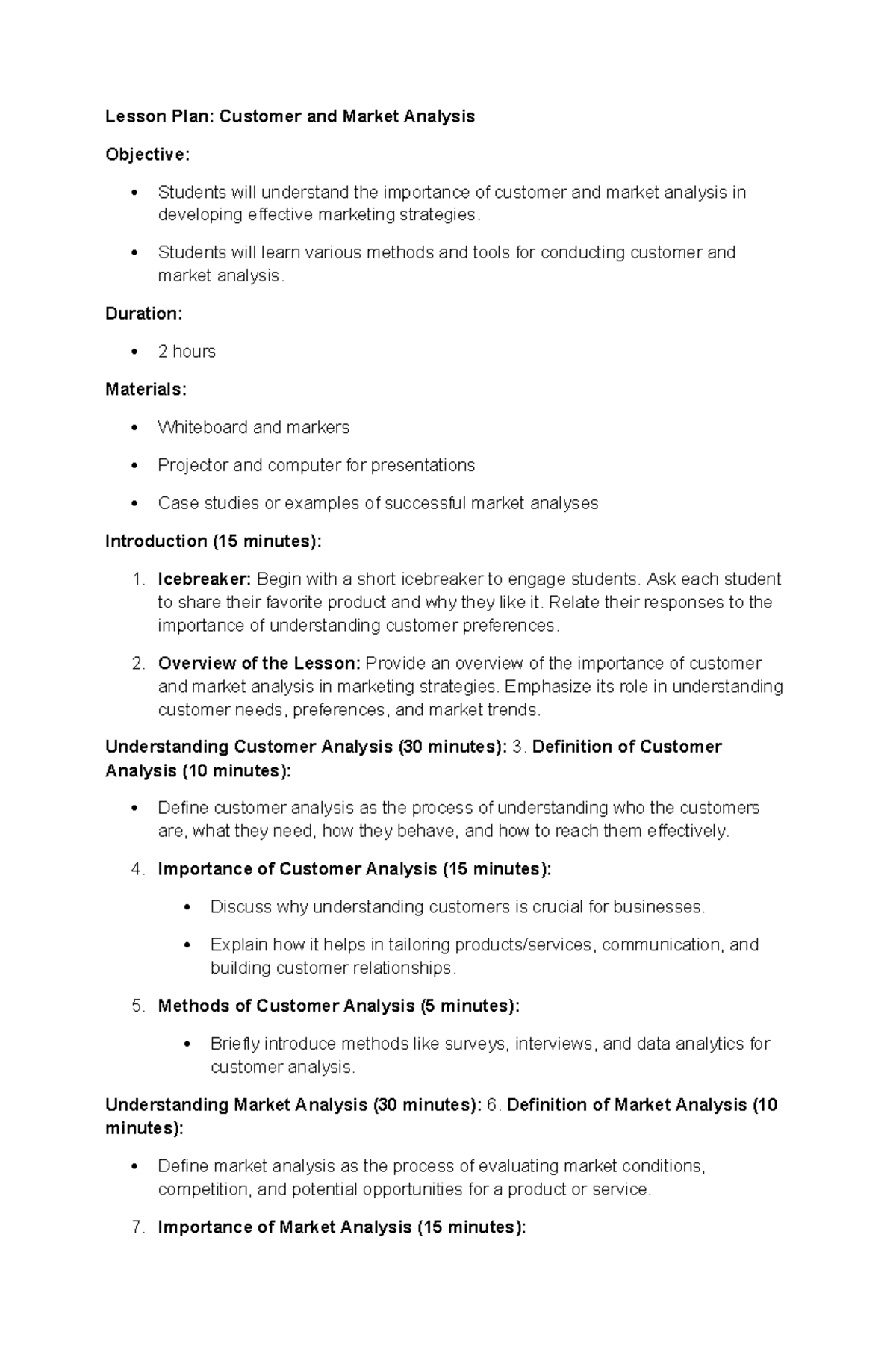 Lesson Plan pricing midterm - Lesson Plan: Customer and Market Analysis ...
