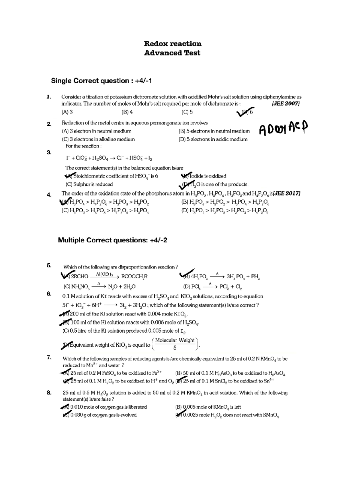 Redox advanced - Redox reaction Advanced Test Single Correct question ...