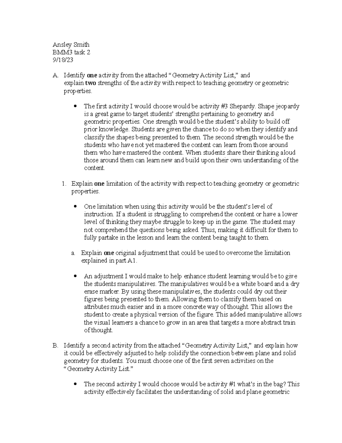 BMM3 task 2 passed - Ansley Smith BMM3 task 2 9/18/ A. Identify one ...