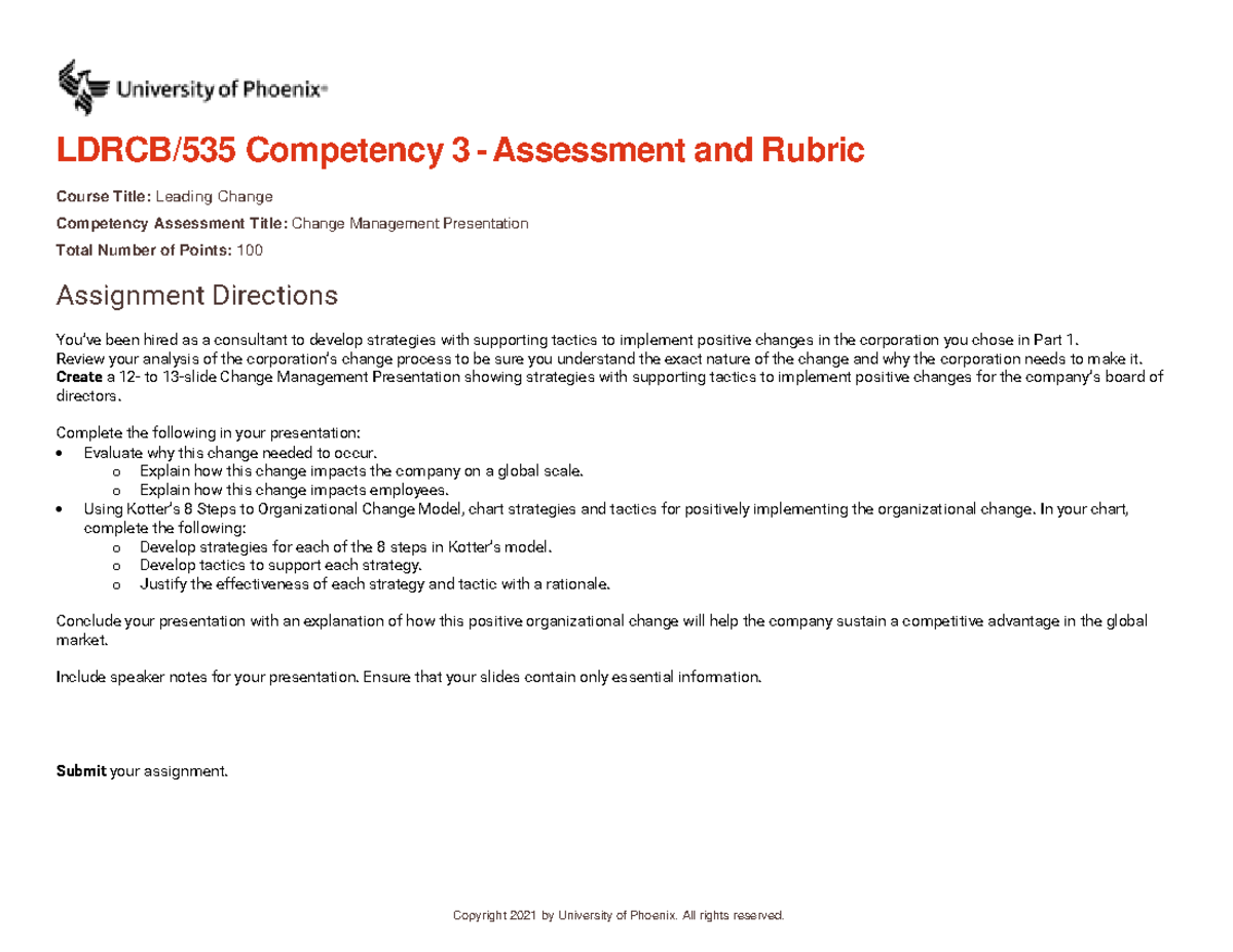 Ldrcb 535 v1 C3 Rubric - LDR 535 - UOPX - Studocu