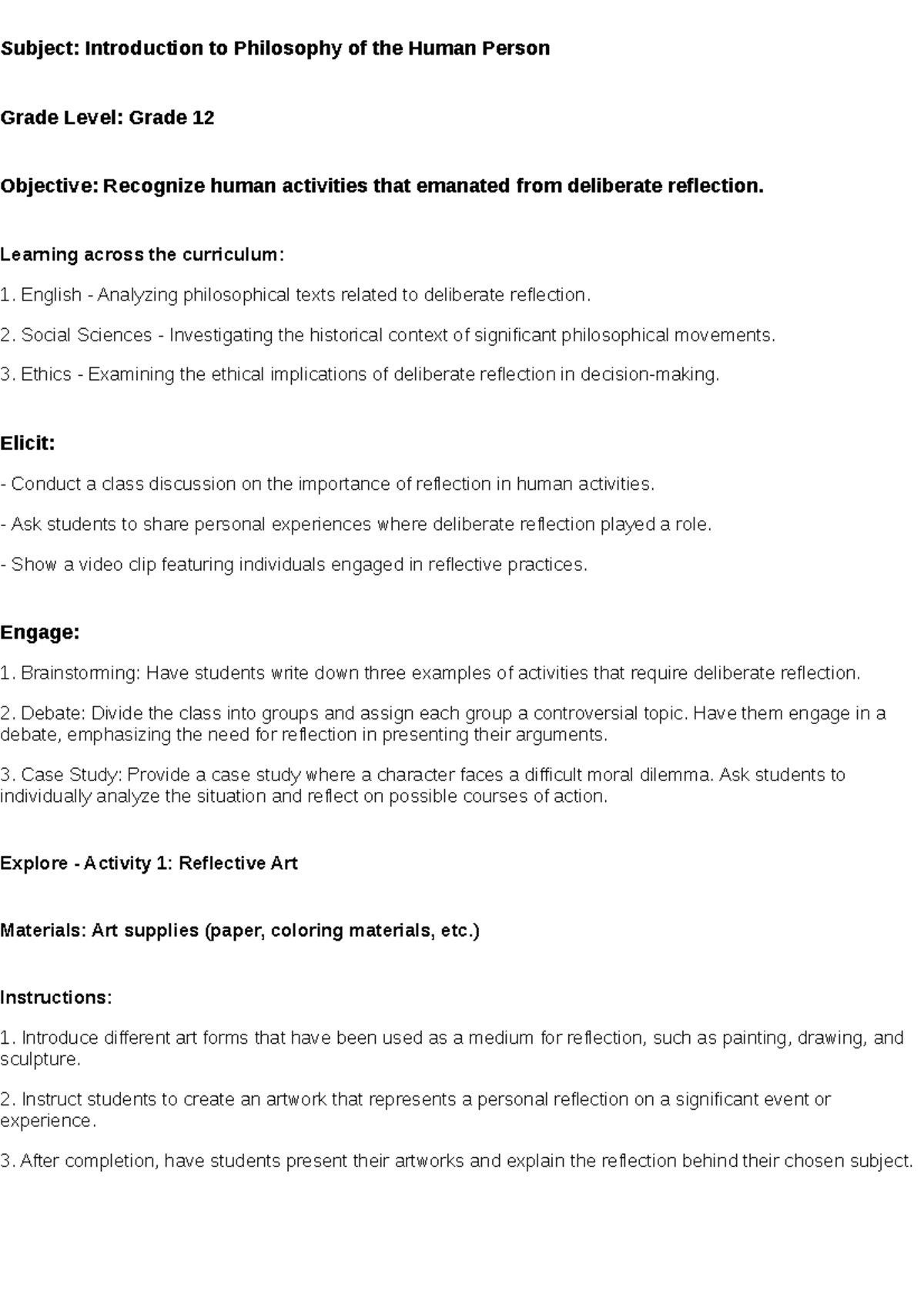 Lesson plan - DNBMSADBNS - Subject: Introduction to Philosophy of the ...