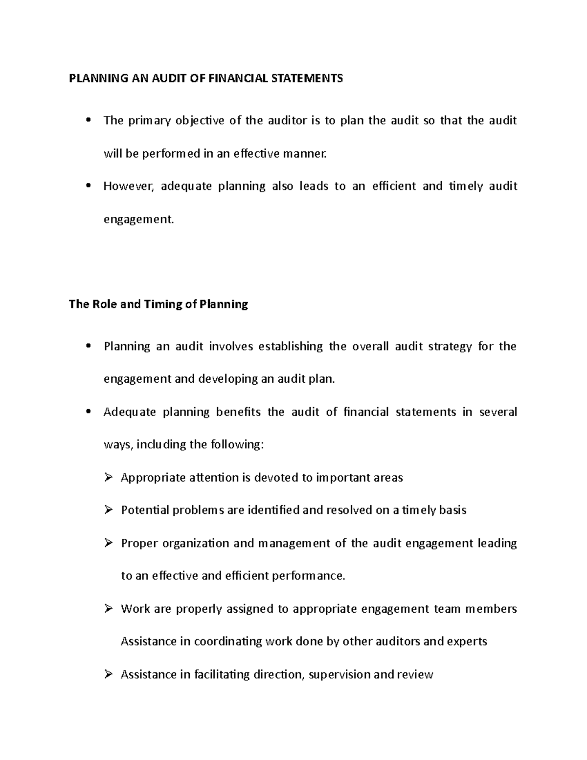 Planning AN Audit OF Financial Statements - PLANNING AN AUDIT OF ...