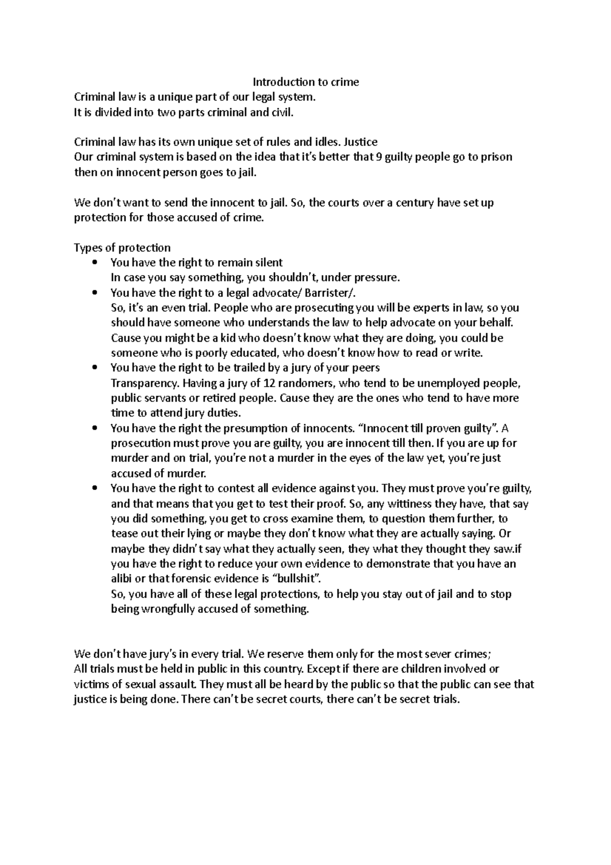 Introduction to crime - Introduction to crime Criminal law is a unique ...