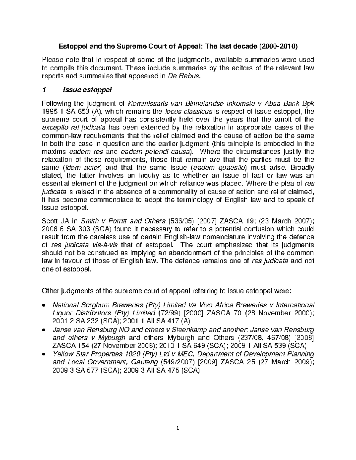 Decided cases on Estoppel - Estoppel and the Supreme Court of Appeal ...