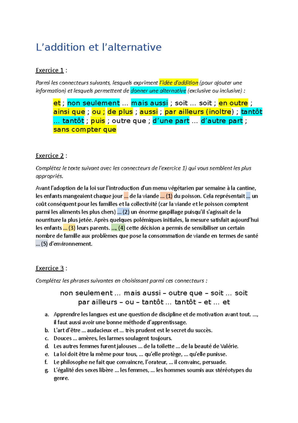 Addition-alternative exercices - L’addition et l’alternative Exercice 1 ...