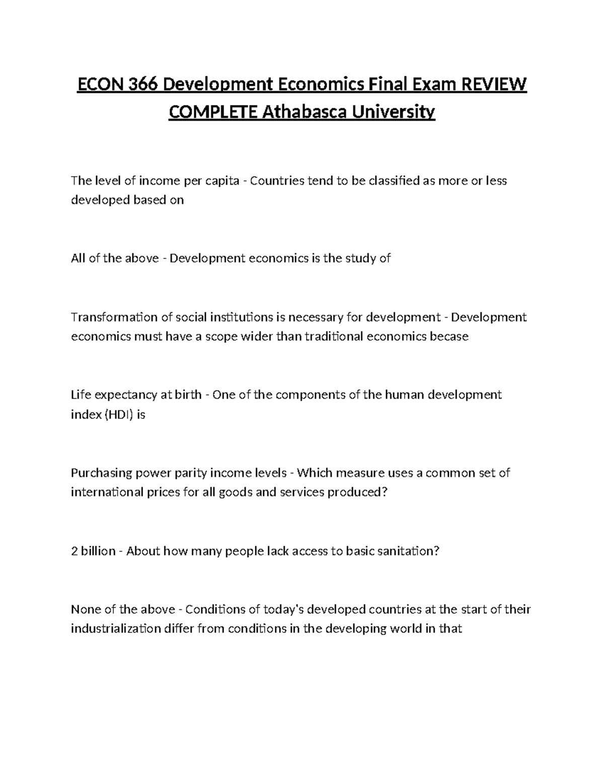 ECON 366 Development Economics Final Exam Review Complete Athabasca ...