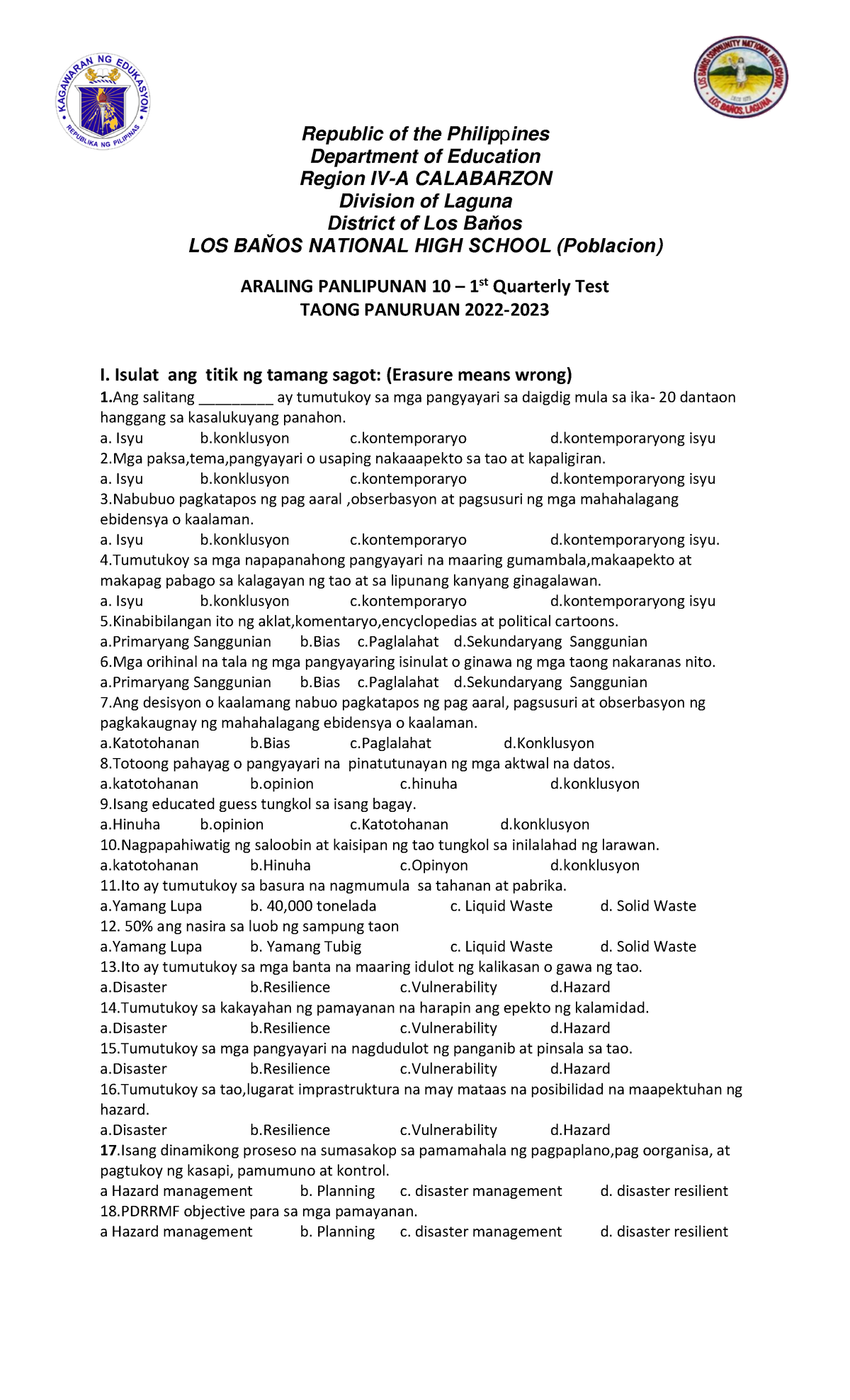 AP 10 1st Quarterly TEST SY 2023 2024 2 - Republic of the Philippines ...
