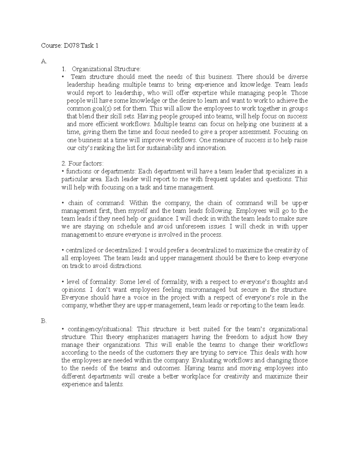 D078 Task 1 - D078 Task 1 - Course: D078 Task 1 A. 1. Organizational ...