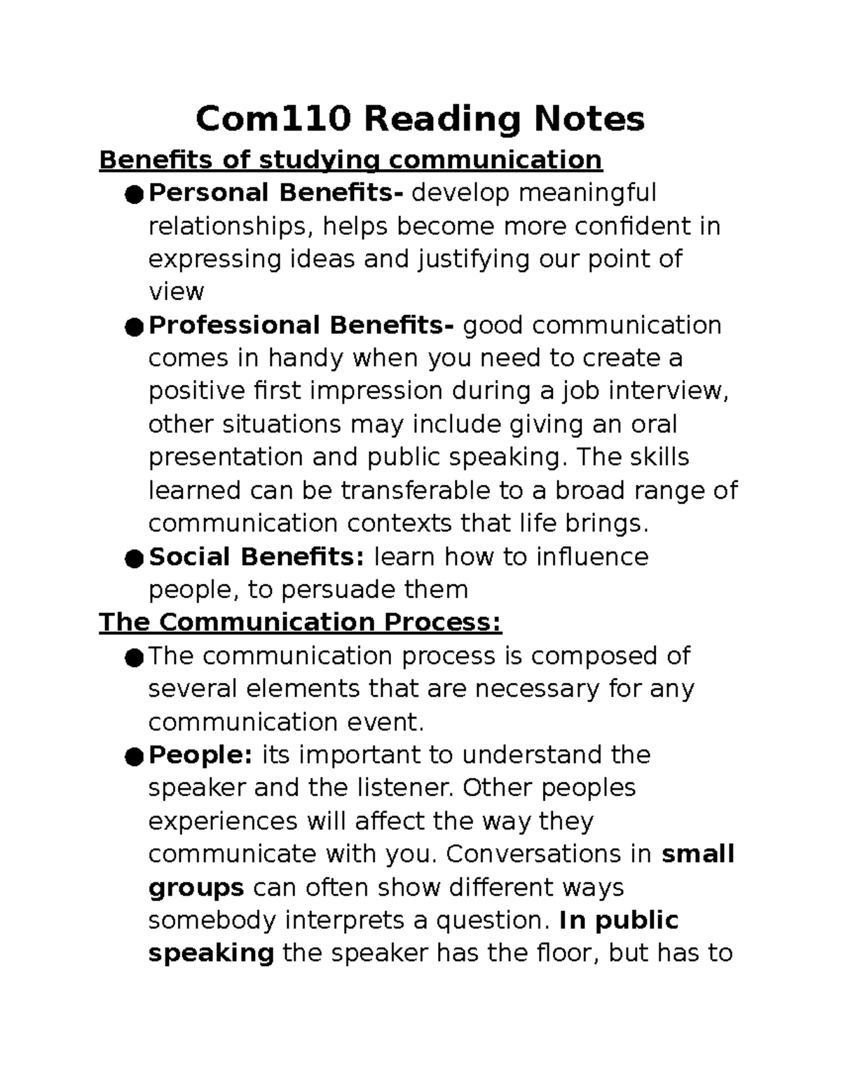 COM 110 Reading Notes - Com110 Reading Notes Benefits of studying ...