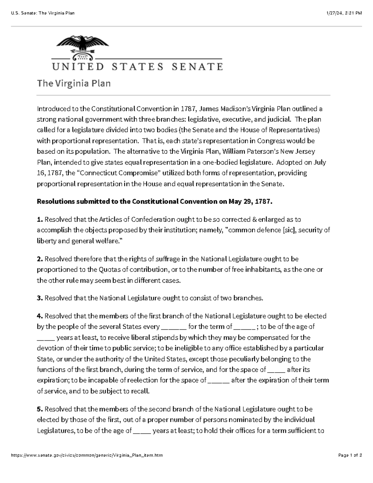 Virginia Plan for the Constitution - U. Senate: The Virginia Plan 1/27 ...