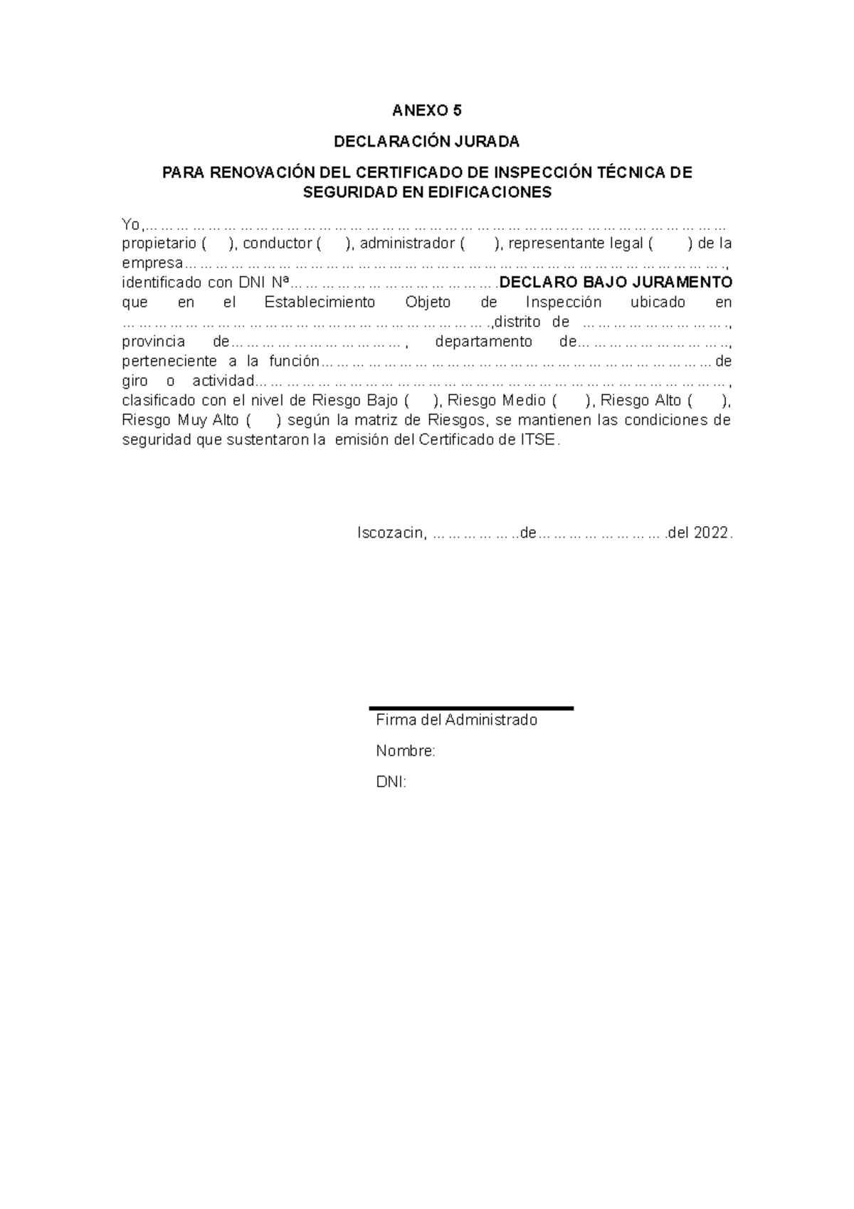 Anexo 5 Declaracion Jurada DE Renovacion de Inspeccion Tecnica de Seguridad en Edificaciones ...