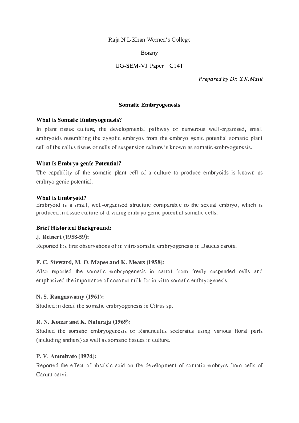 Somatic - PLANT TISSUE CULTURE - Raja N.L Women’s College Botany UG-SEM ...