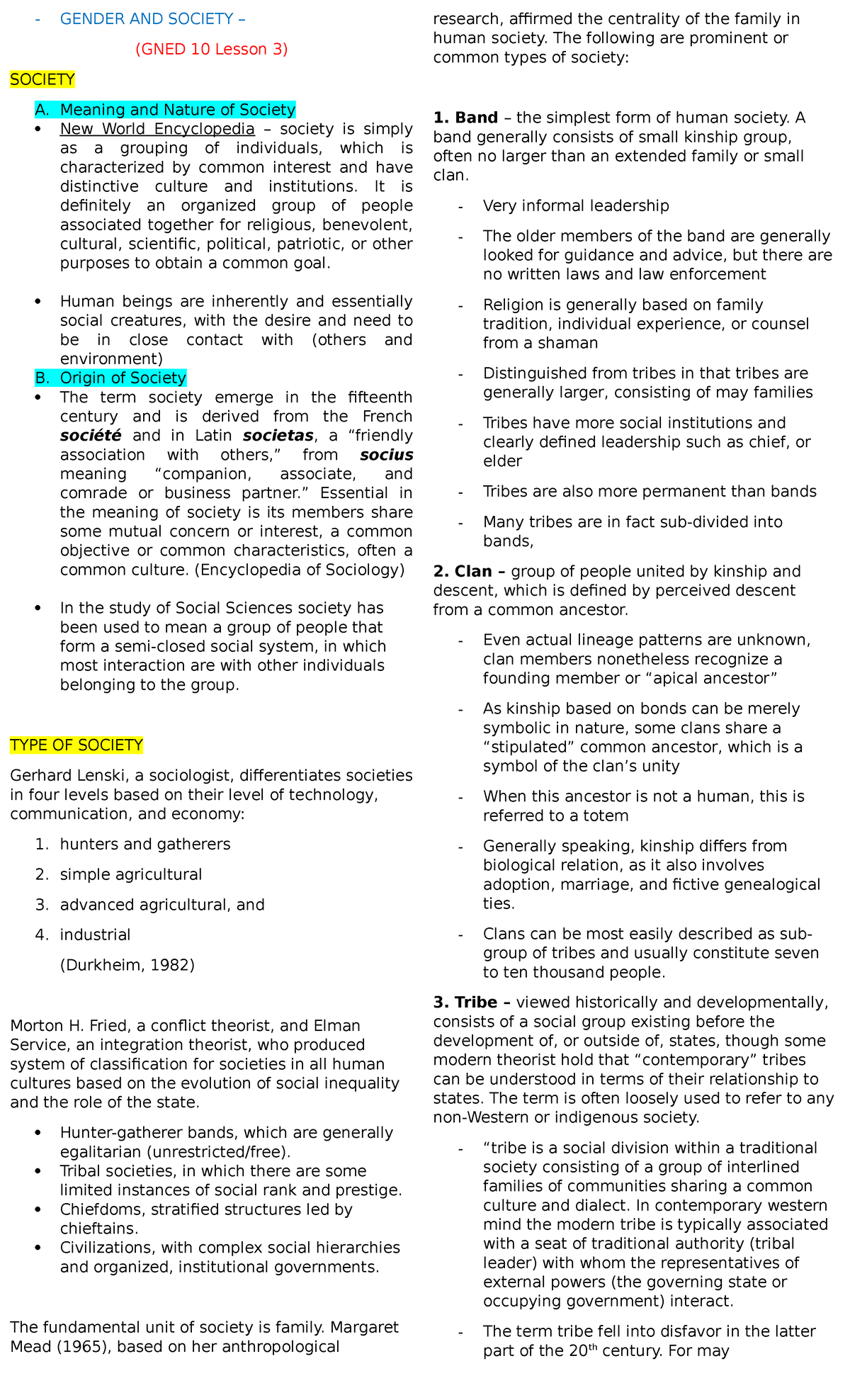 Society - Notes - GENDER AND SOCIETY – (GNED 10 Lesson 3) SOCIETY A ...
