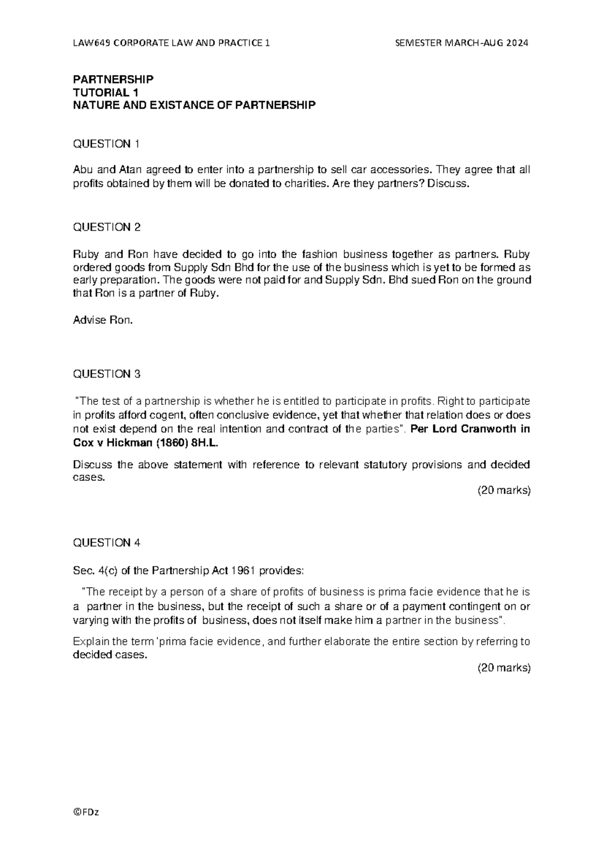 LAW649 Partnership Tutorial Questions - PARTNERSHIP TUTORIAL 1 NATURE ...