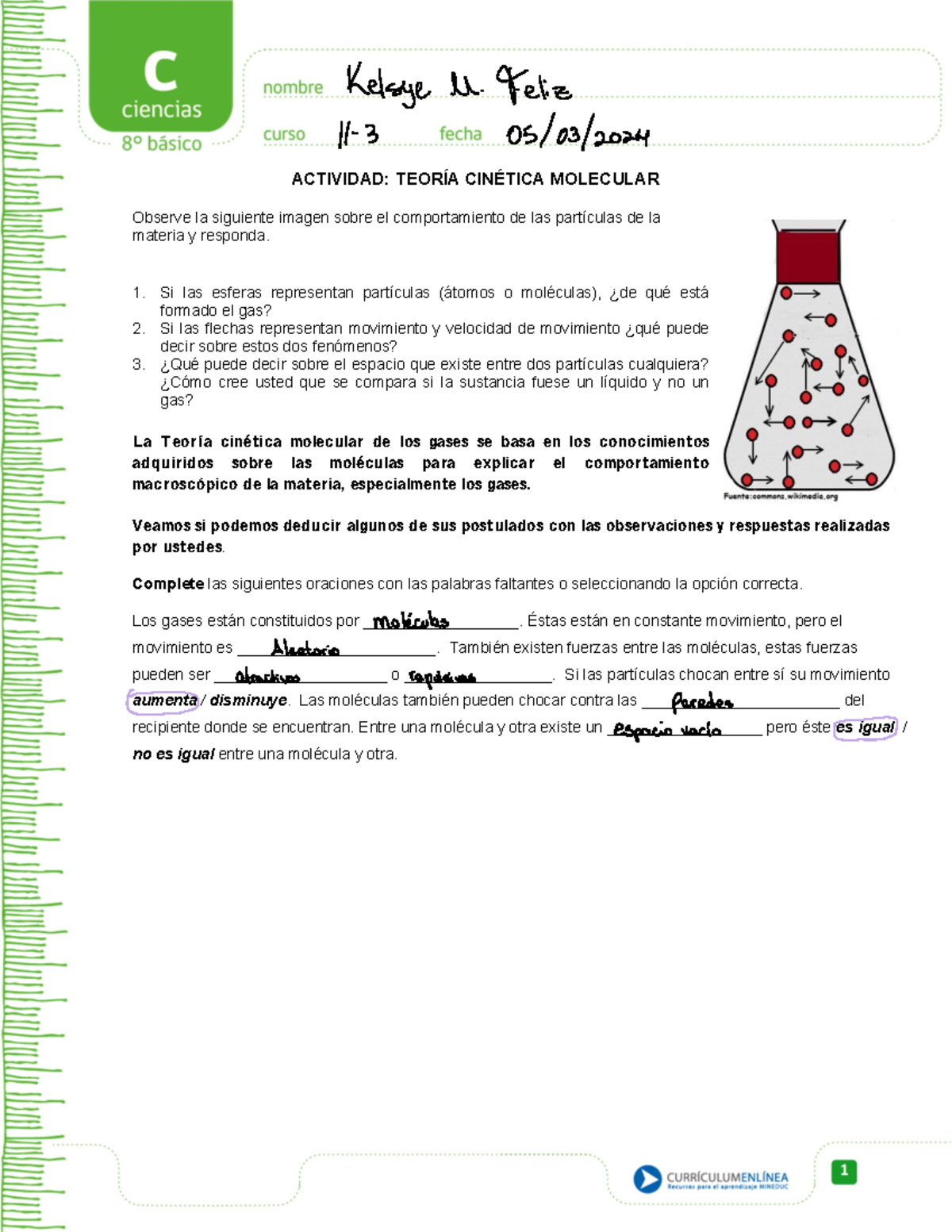 Teoria Cinetica molecular - 1 ACTIVIDAD: TEORÍA CINÉTICA MOLECULAR ...