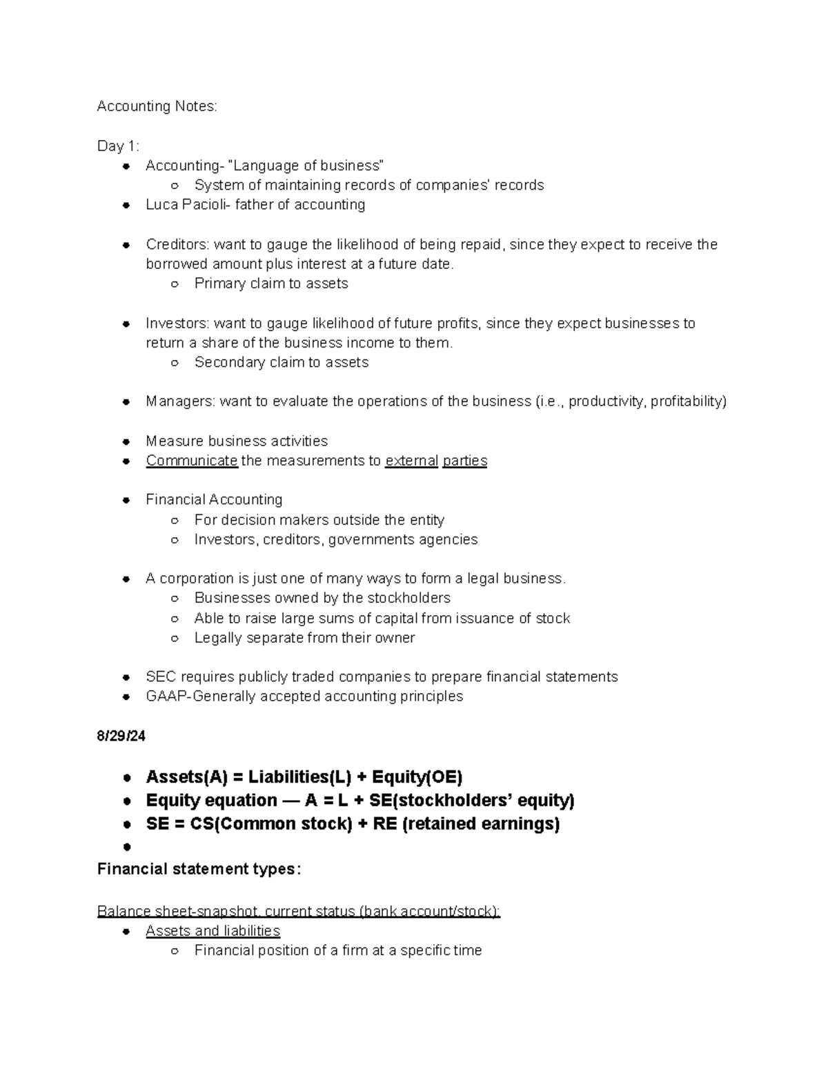 Accounting Notes - Accounting Notes: Day 1: Accounting- “Language of ...