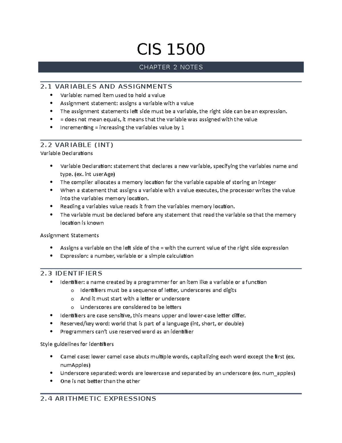 Chapter 2 Notes - CIS 1500 CHAPTER 2 NOTES 2 VARIABLES AND ASSIGNMENTS ...