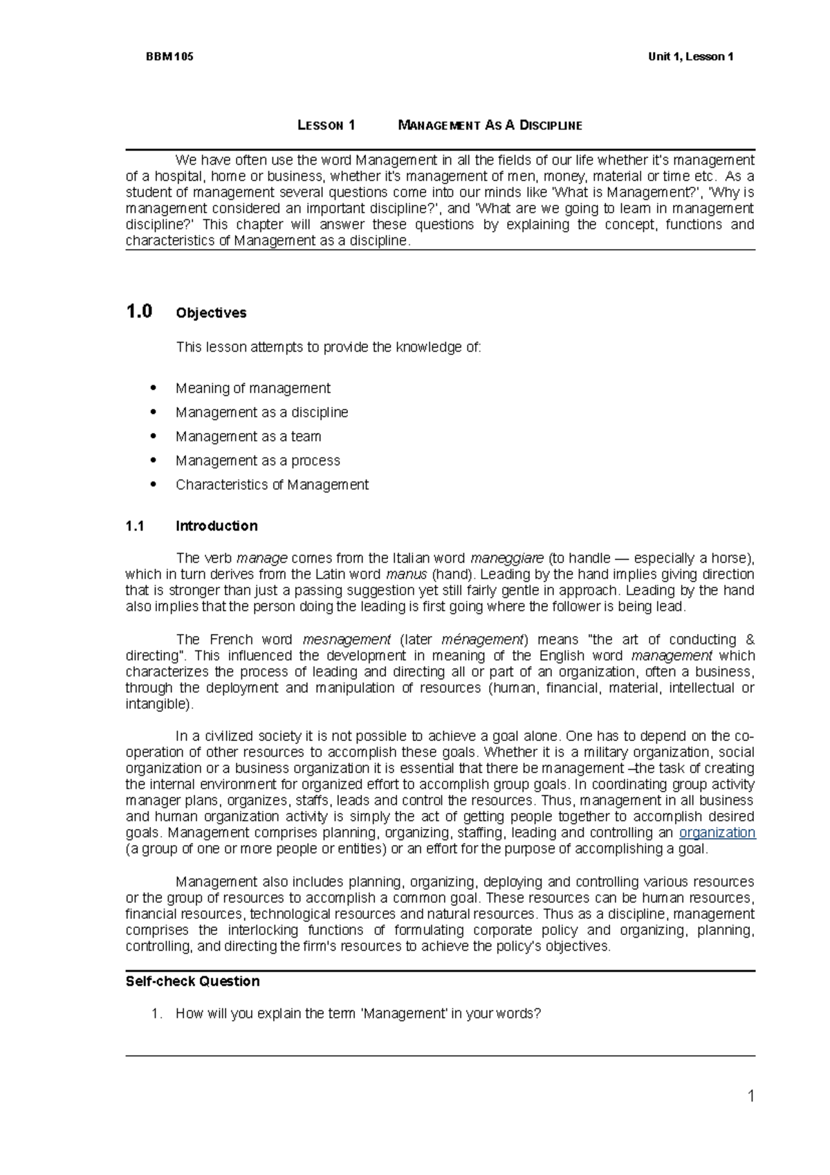 BBM105 UNIT1 - UNIT 1 INTRODUCTION LESSON 1 MANAGEMENT AS A DISCIPLINE ...