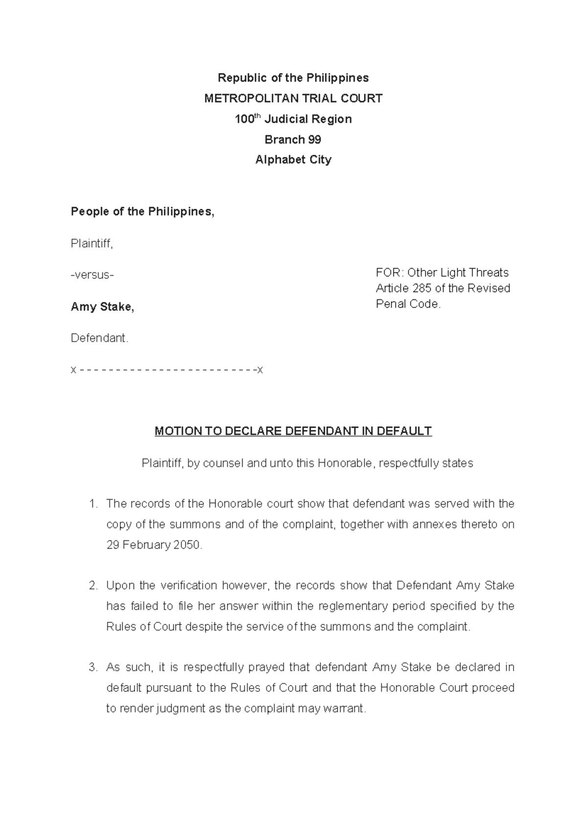 Sample MOTION TO DECLARE DEFENDANT IN DEFAULT - Republic of the ...