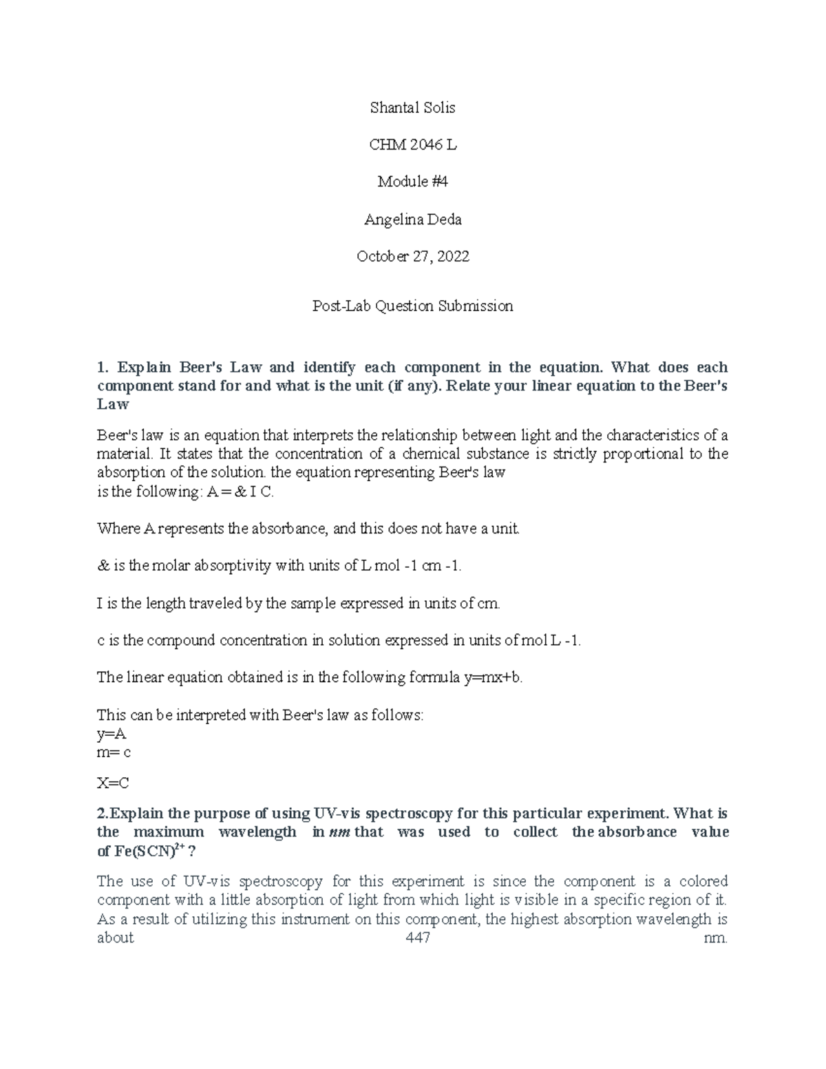 Post-Lab Question Submission module 4 - Shantal Solis CHM 2046 L Module Angelina Deda October 27 ...