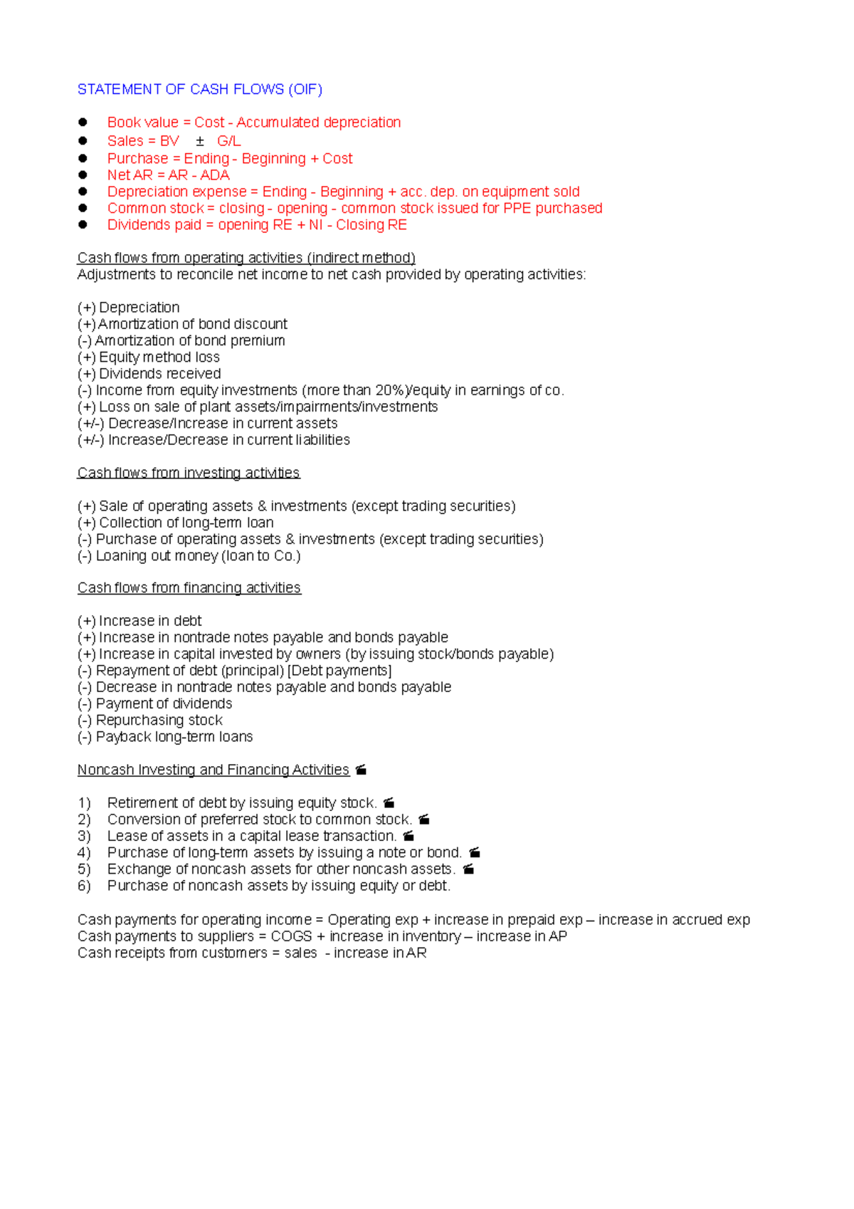 Statement of Cash Flows notes - STATEMENT OF CASH FLOWS (OIF) Book ...