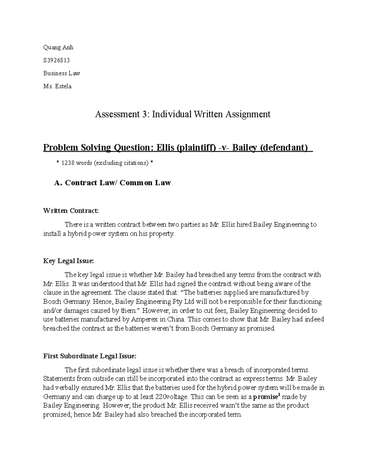 Assignment 3 LAW2447 Quang Anh s3926813 - Quang Anh S Business Law Ms. Estela Assessment 3 ...
