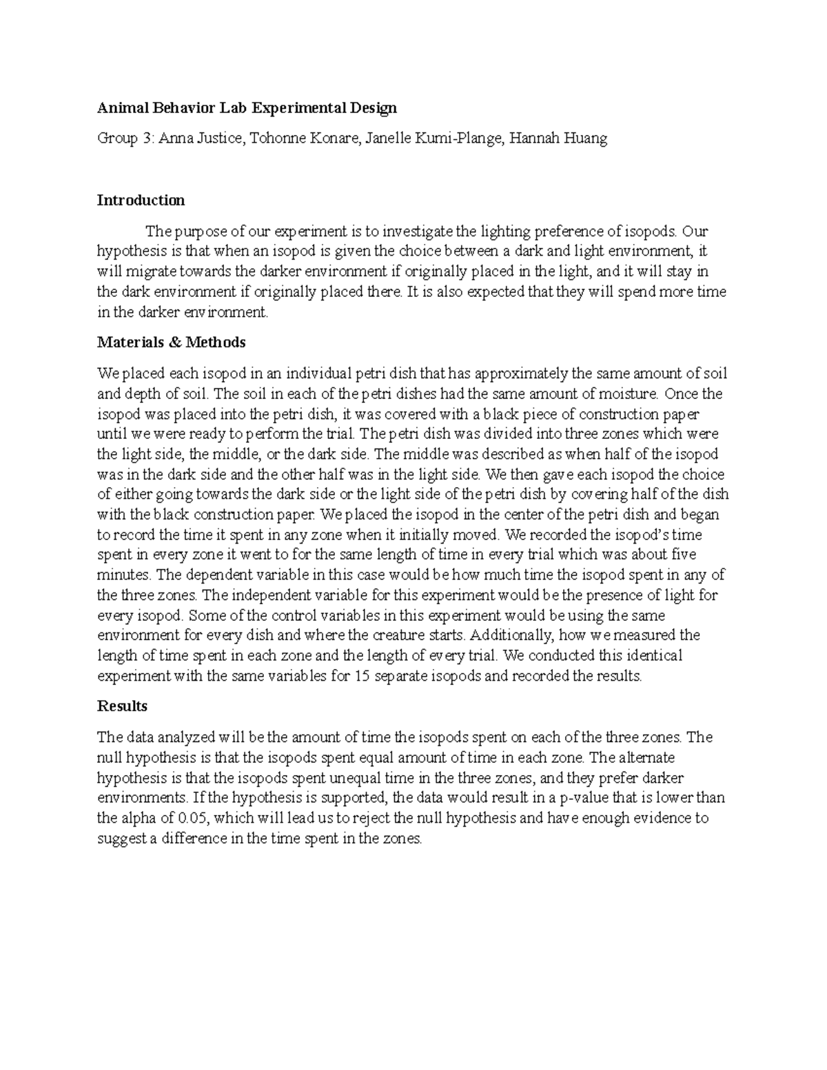 Animal Behavior Lab Week 10 - Animal Behavior Lab Experimental Design ...