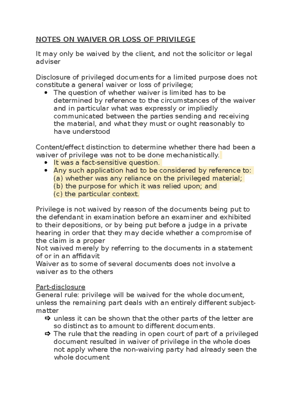 Notes ON Waiver OR LOSS OF Privilege - NOTES ON WAIVER OR LOSS OF ...
