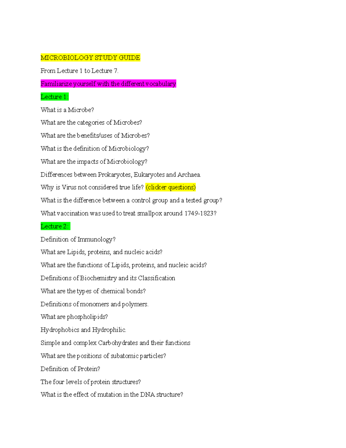 Microbiology Study Guide 1 - MICROBIOLOGY STUDY GUIDE From Lecture 1 to ...